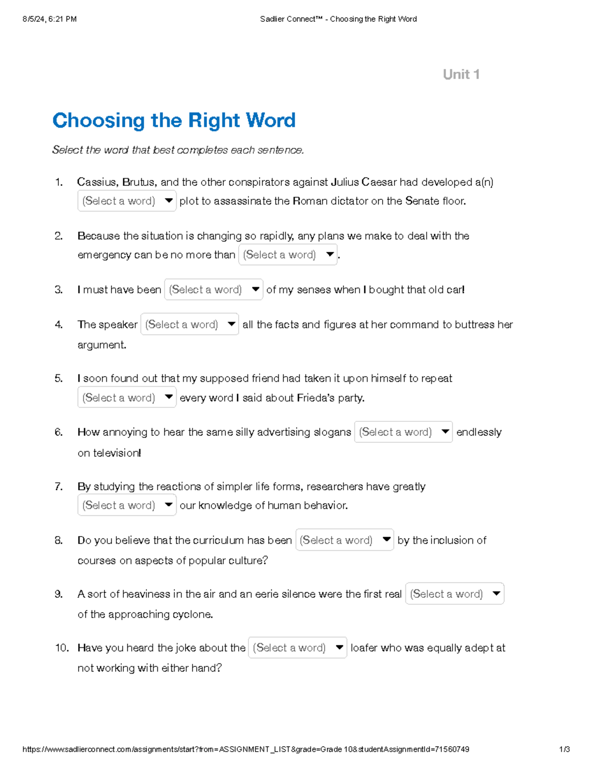 Sadlier Connect™ - Grade 10 Choosing the Right Word Exercises - Studocu