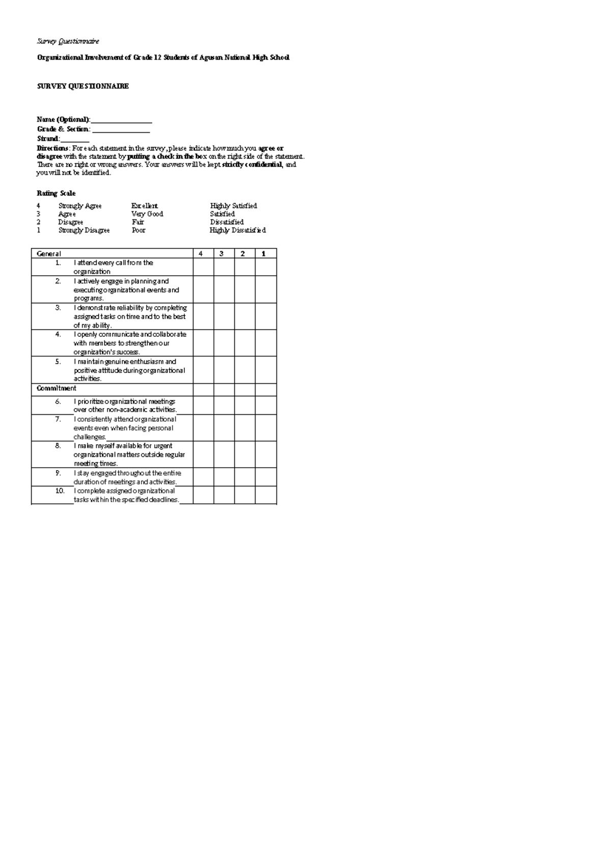 Survey Questionnaire on Organizational Involvement of Grade 12 Students ...