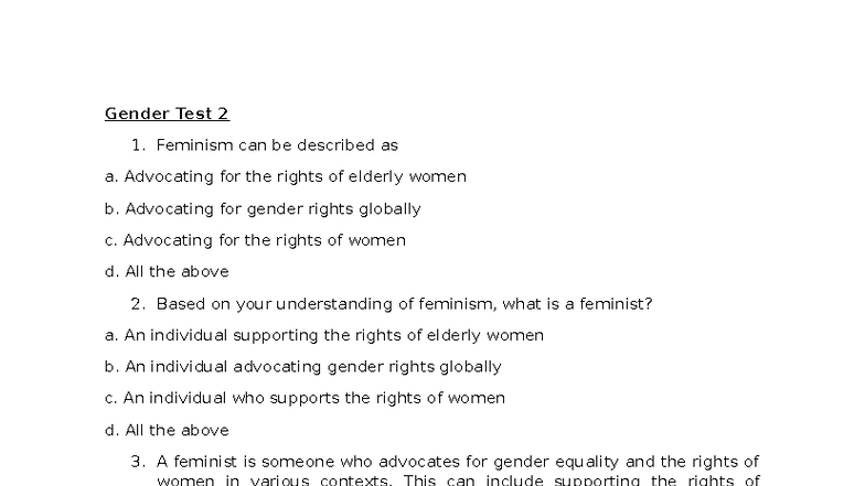 Gender Test 2 - Quiz on Feminism and Masculinity Concepts - Studocu
