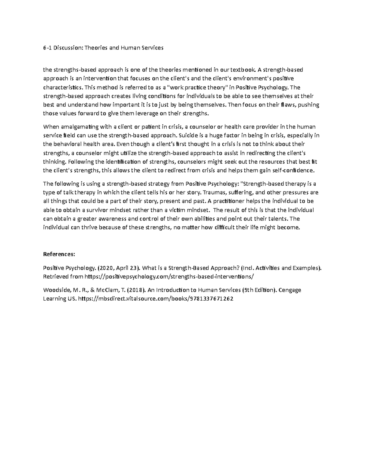 6-1 Discussion: Strength-Based Approaches in Human Services - Studocu