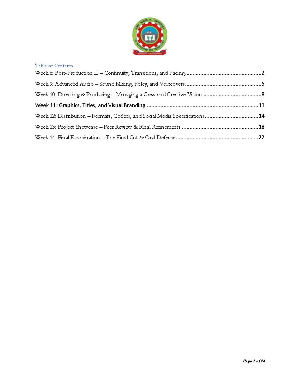 Audio and Video Production: Week 8-12 Overview and Practical Tasks ...