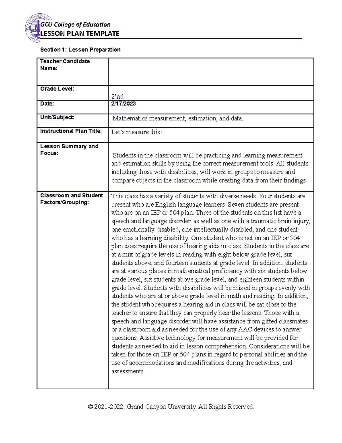ENG 101: Lesson Plan on Measurement & AAC Integration for 2nd Graders ...