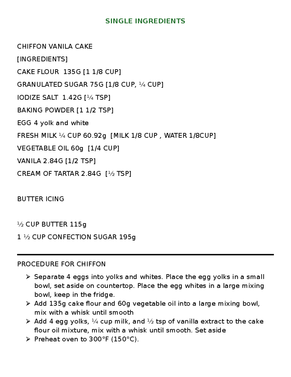 TESDA Baking: Chiffon Vanilla Cake Recipe and Techniques - Studocu