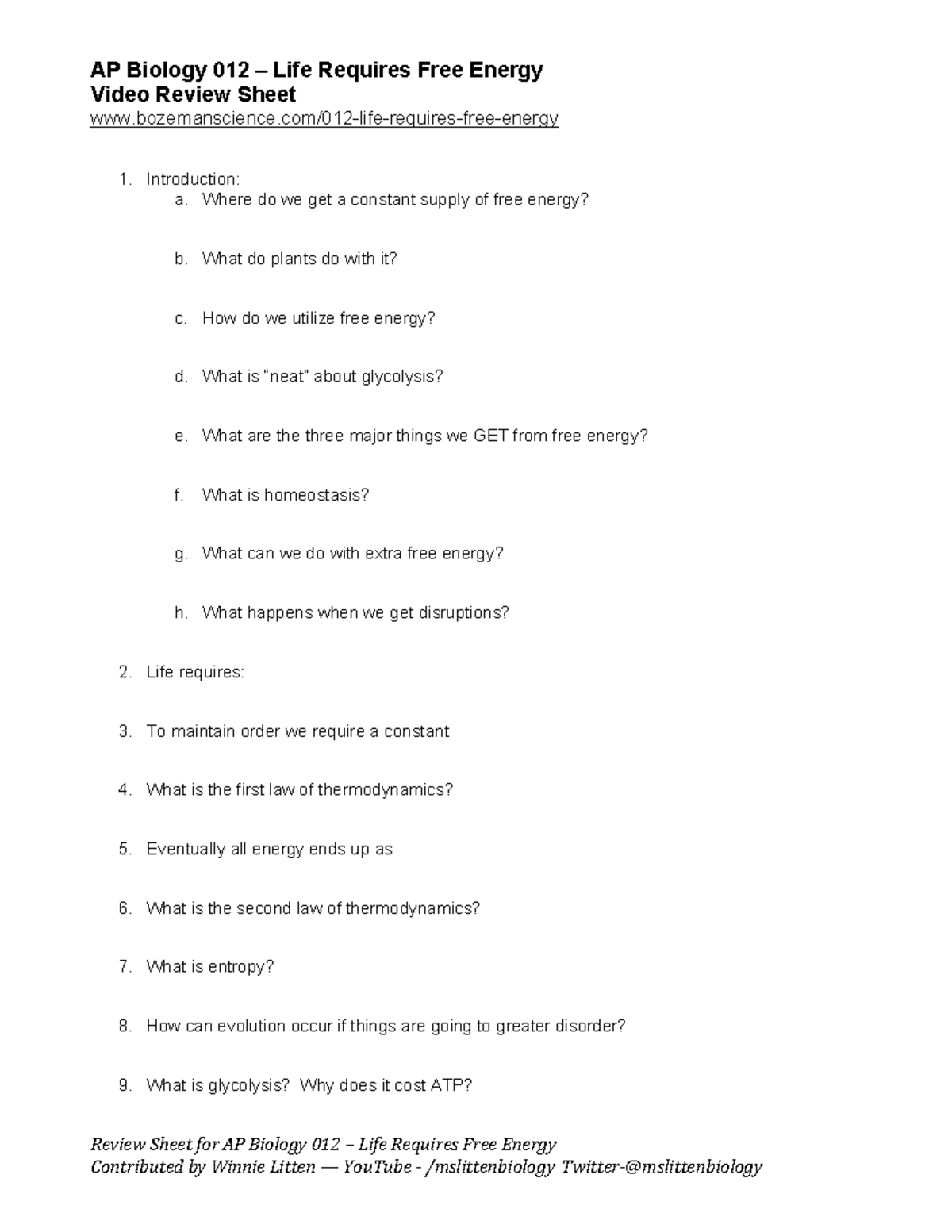 AP Bio 012 Thermodynamics & Free Energy Video Review Sheet - Studocu