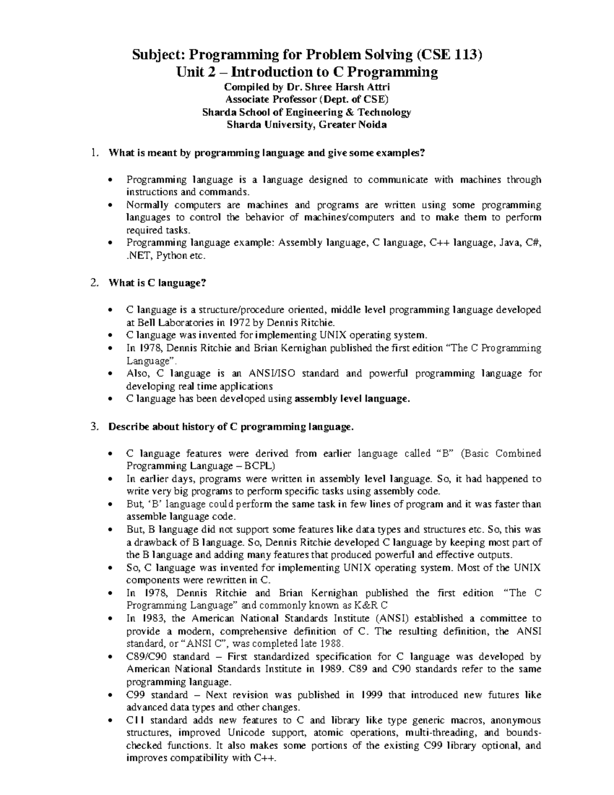 Cse113 Unit 2 Intro To C Programming Subject Programming For Problem Solving Cse 113
