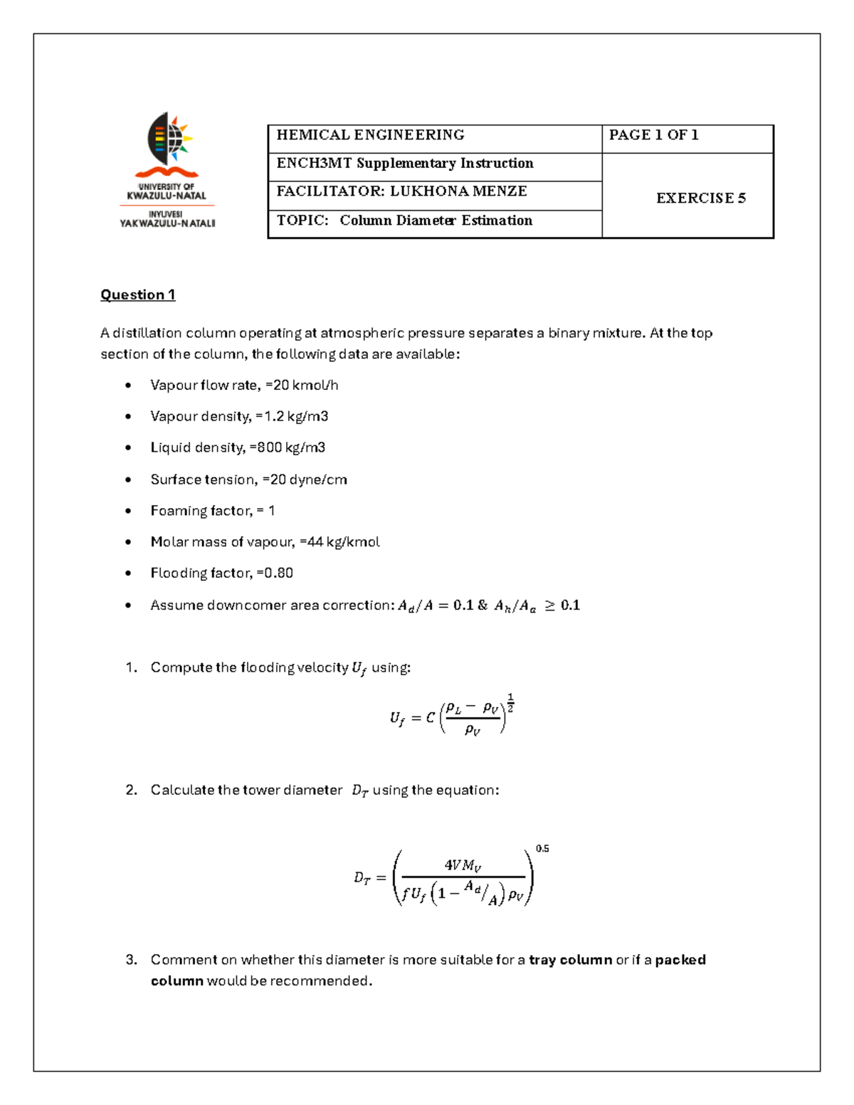 ENCH3MT Tutorial: Column Diameter Estimation Exercise 5 - Studocu