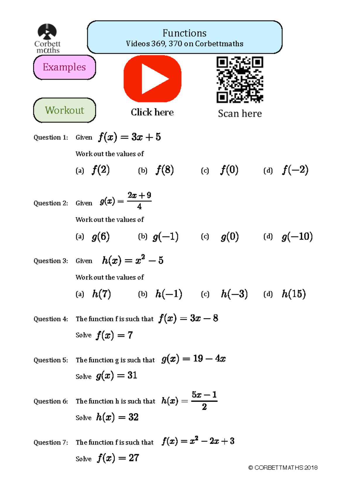 Functions - Functions Videos 369, 370 on Corbettmaths Question 1: Given ...