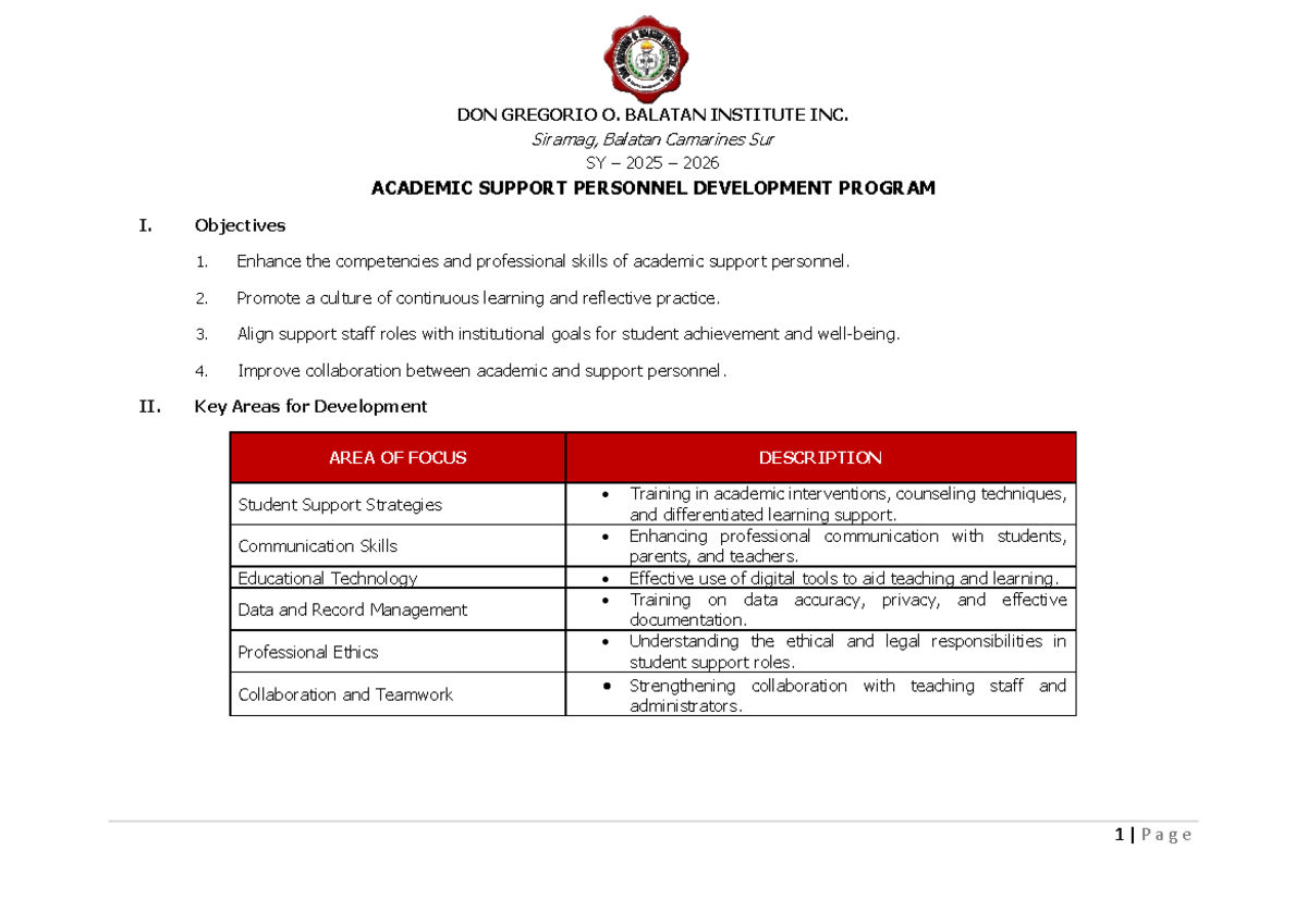 Academic Support Personnel Development Program SY 2025-2026 - Studocu