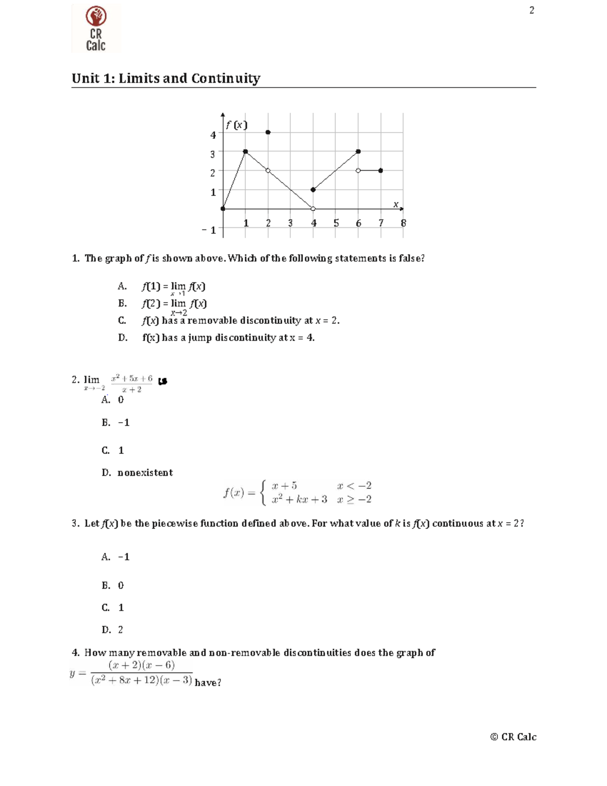 CR Calc 3 & 5: MCQ Unit 1 - Limits and Continuity Practice with Key ...