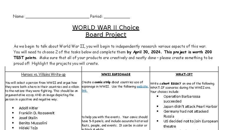 WWII Choice Board Project: Creative Tasks & Research Guide - Studocu