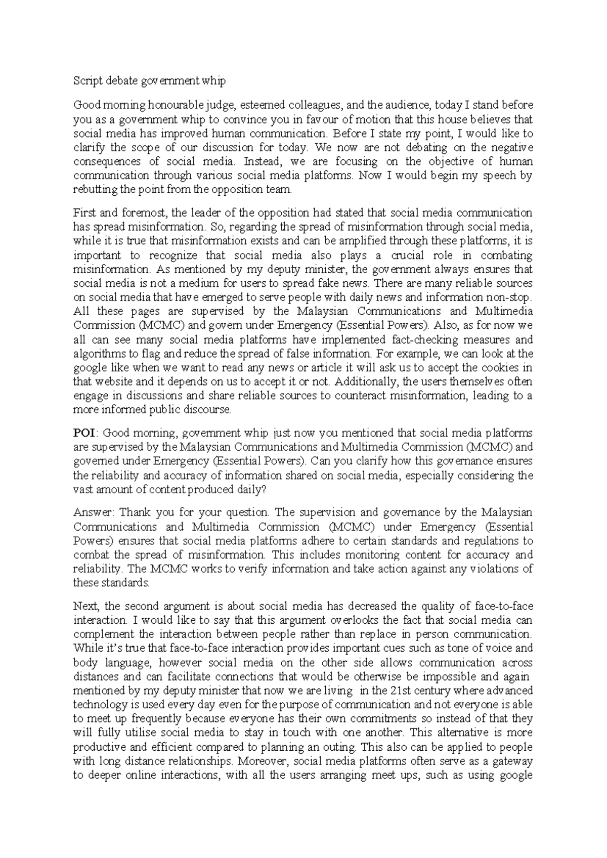 Debate Script: Government Whip Position on Social Media Impact - Studocu