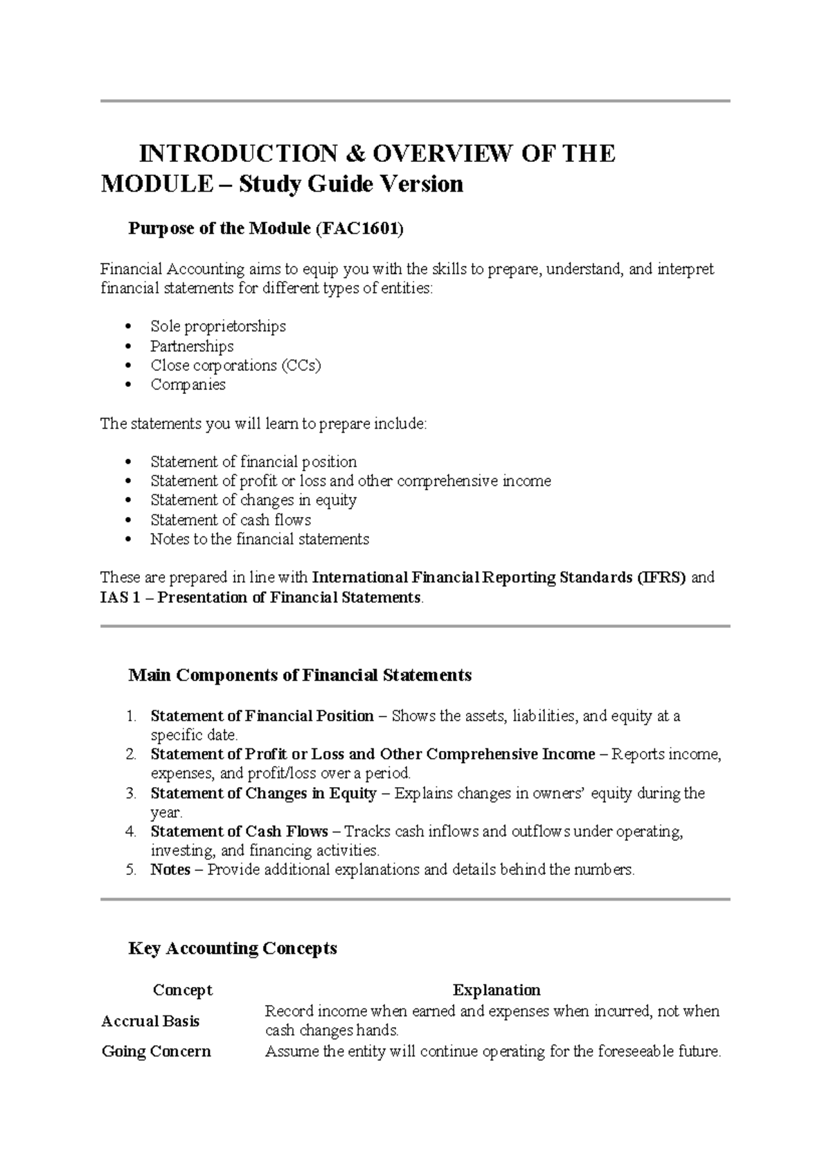 FAC1601 - Financial Accounting Study Guide: Module Overview and Key ...