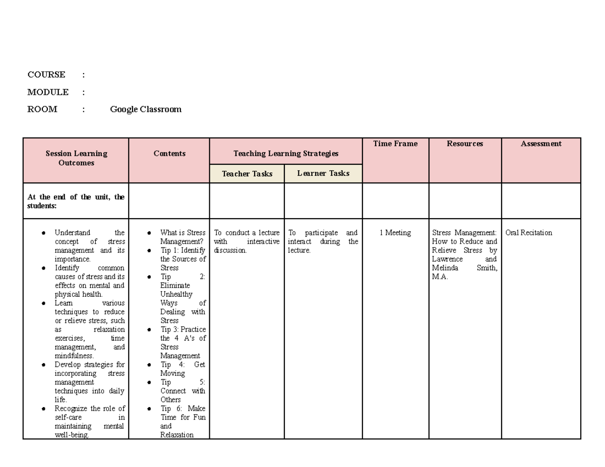 Stress Management Session Guide (Course Code: TBD) - Studocu