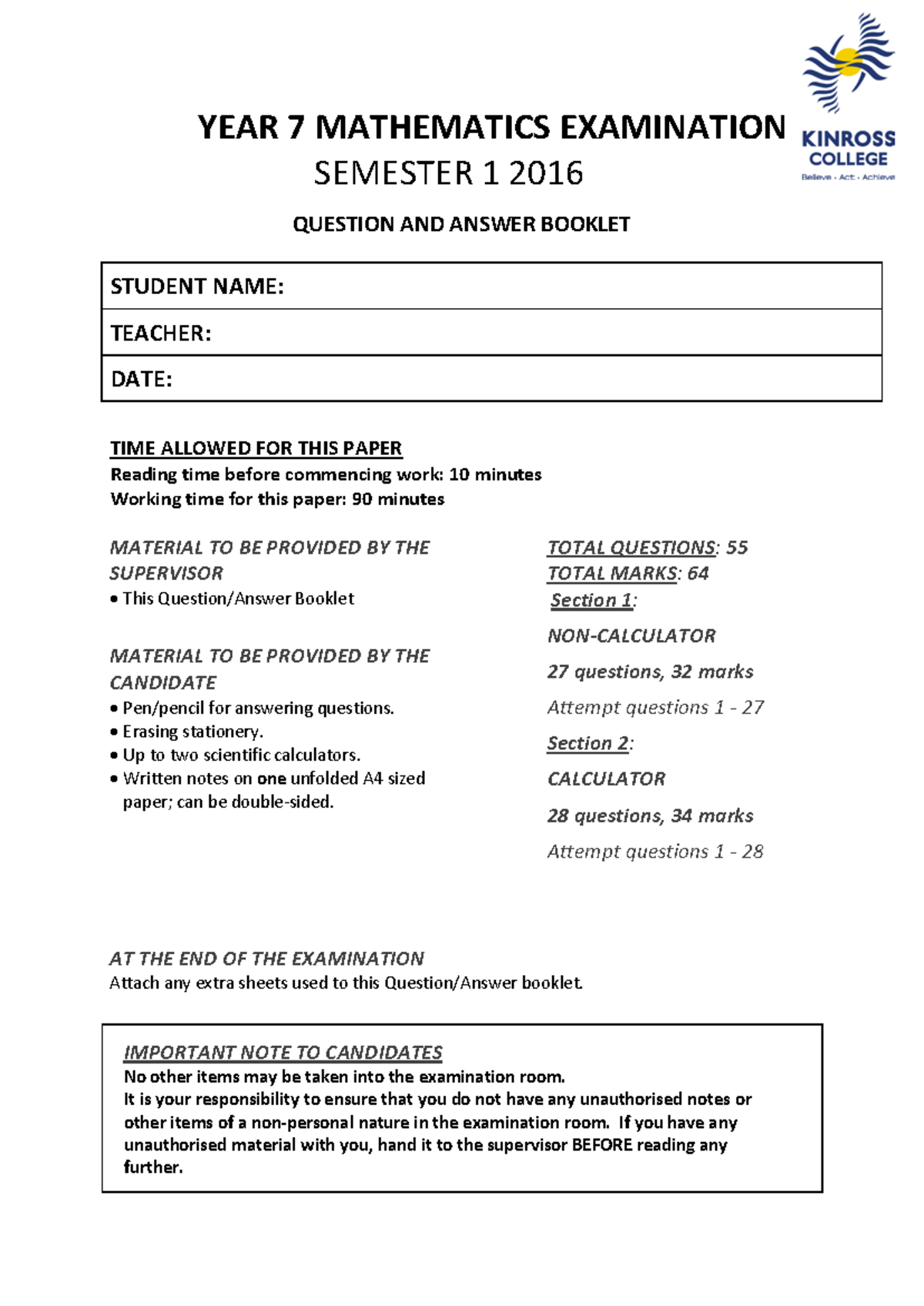 Year 7 Maths Exam - Semester 1 2016 Question & Answer Booklet - Studocu