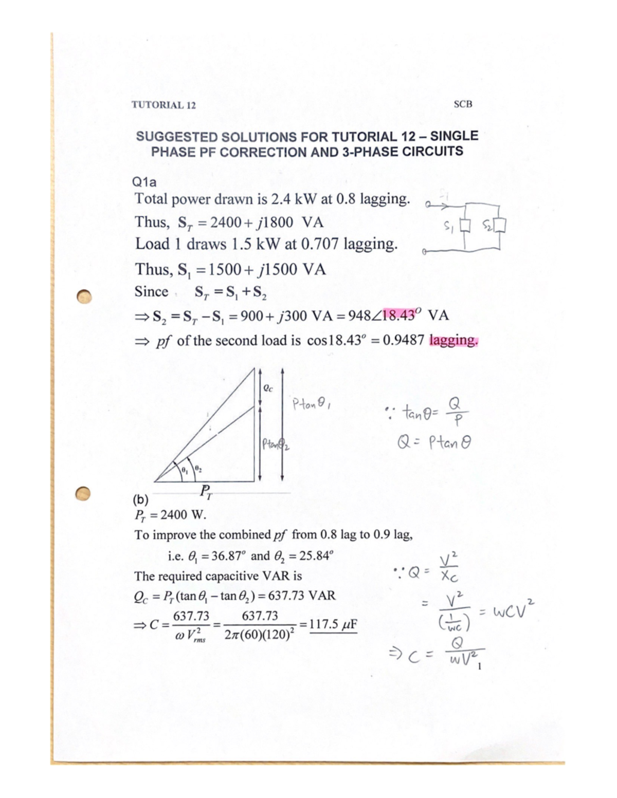 SCB 12 - Suggested Solutions for Single Phase PF Correction Tutorial ...