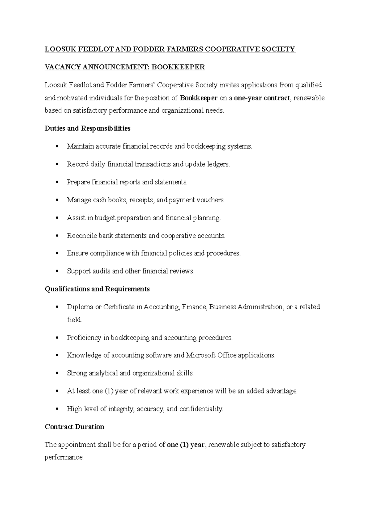 Loosuk Feedlot Cooperative Society Vacancy: Bookkeeper Position - Studocu