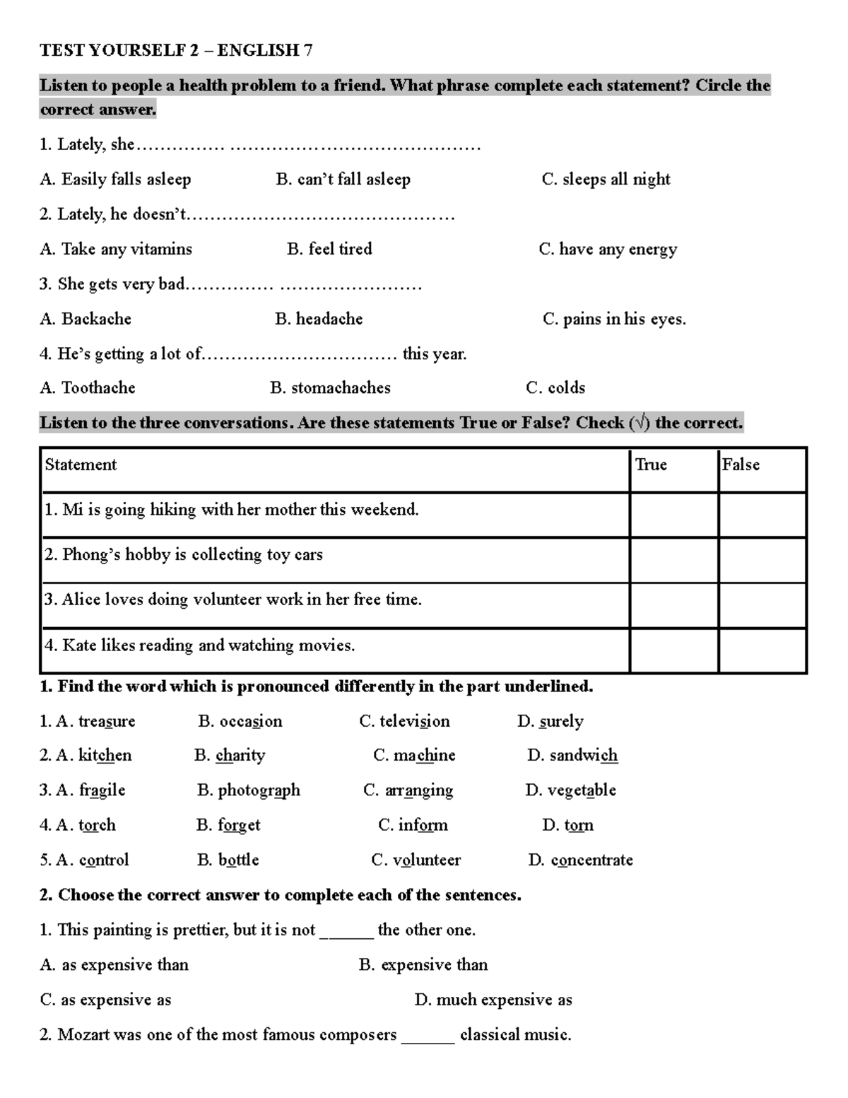 TEST YOURSELF 2 - ENGLISH 7 Listening & Grammar Exercises - Studocu