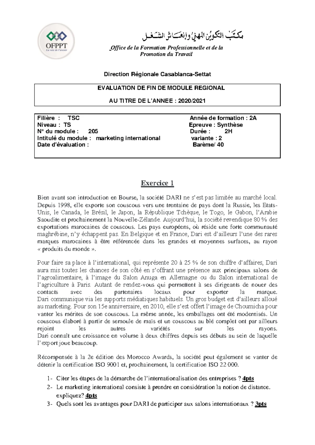 Examen de Fin de Module Régional EFM 202 Fiscalité - Corrigé 2020 - Studocu