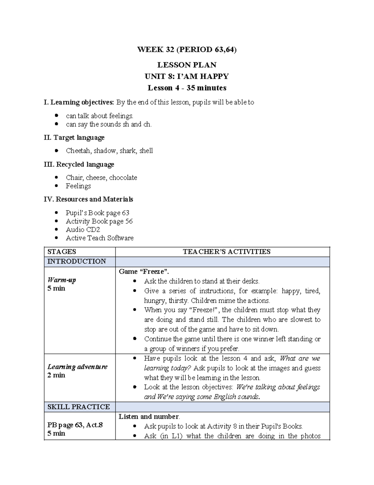 G1 - W32 - Lesson Plan Unit 8: Happy (Lessons 4 & 5) - Studocu