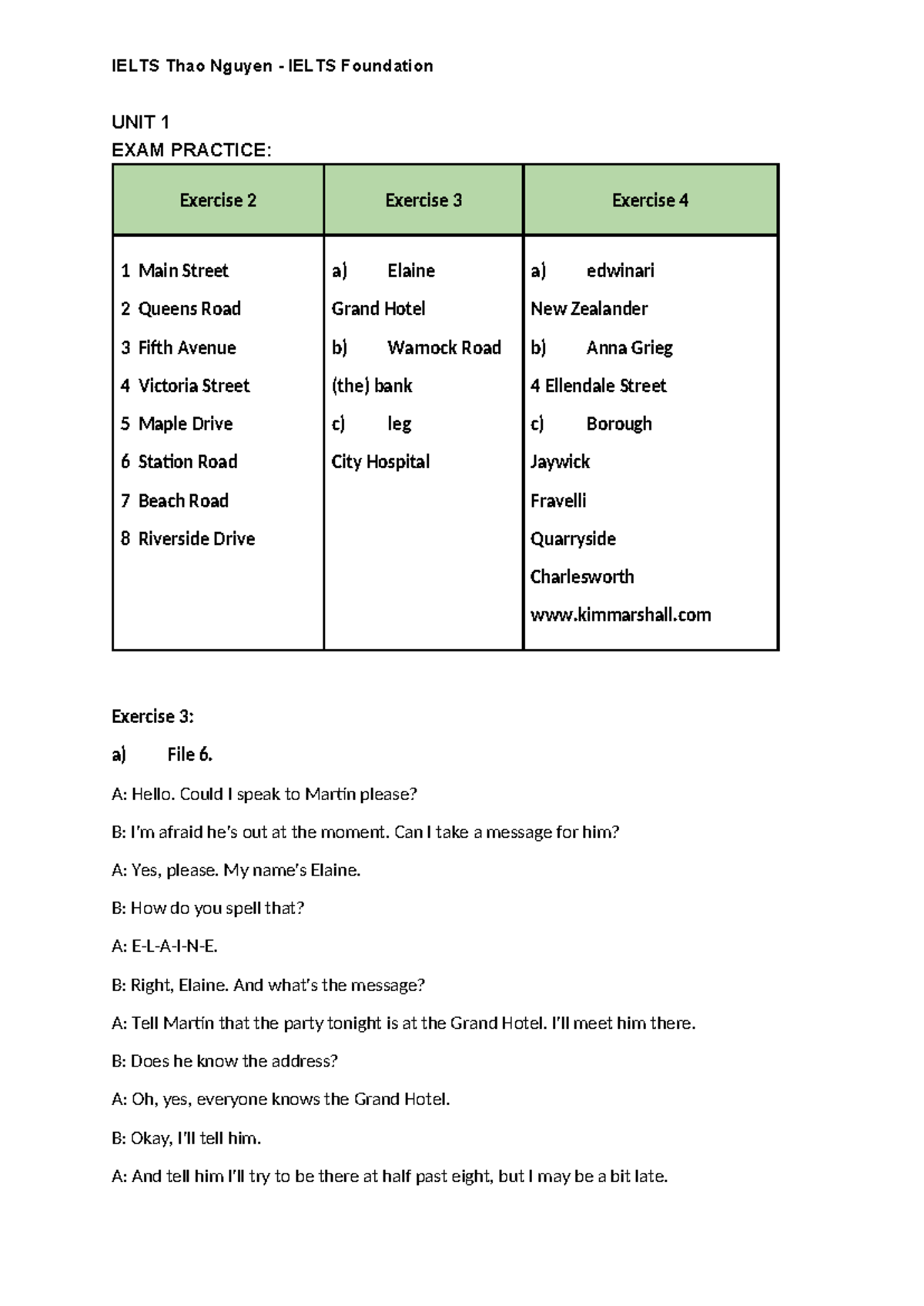 IELTS Thao Nguyen Foundation Phase 1 Listening Exam Practice Key - Studocu