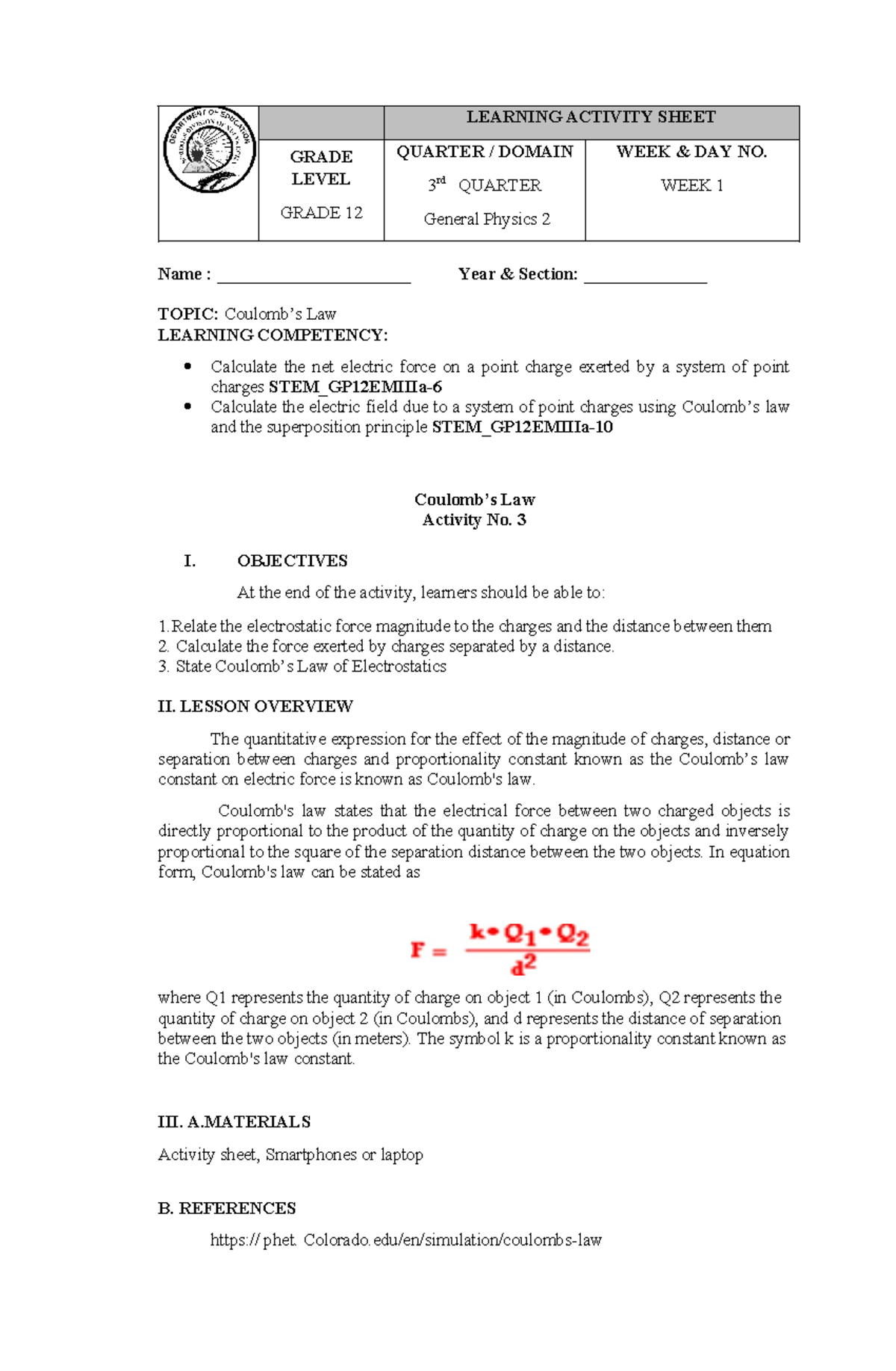 Activity Sheet on Coulomb's Law for G12 Physics (STEM_GP12EMIIIa) - Studocu
