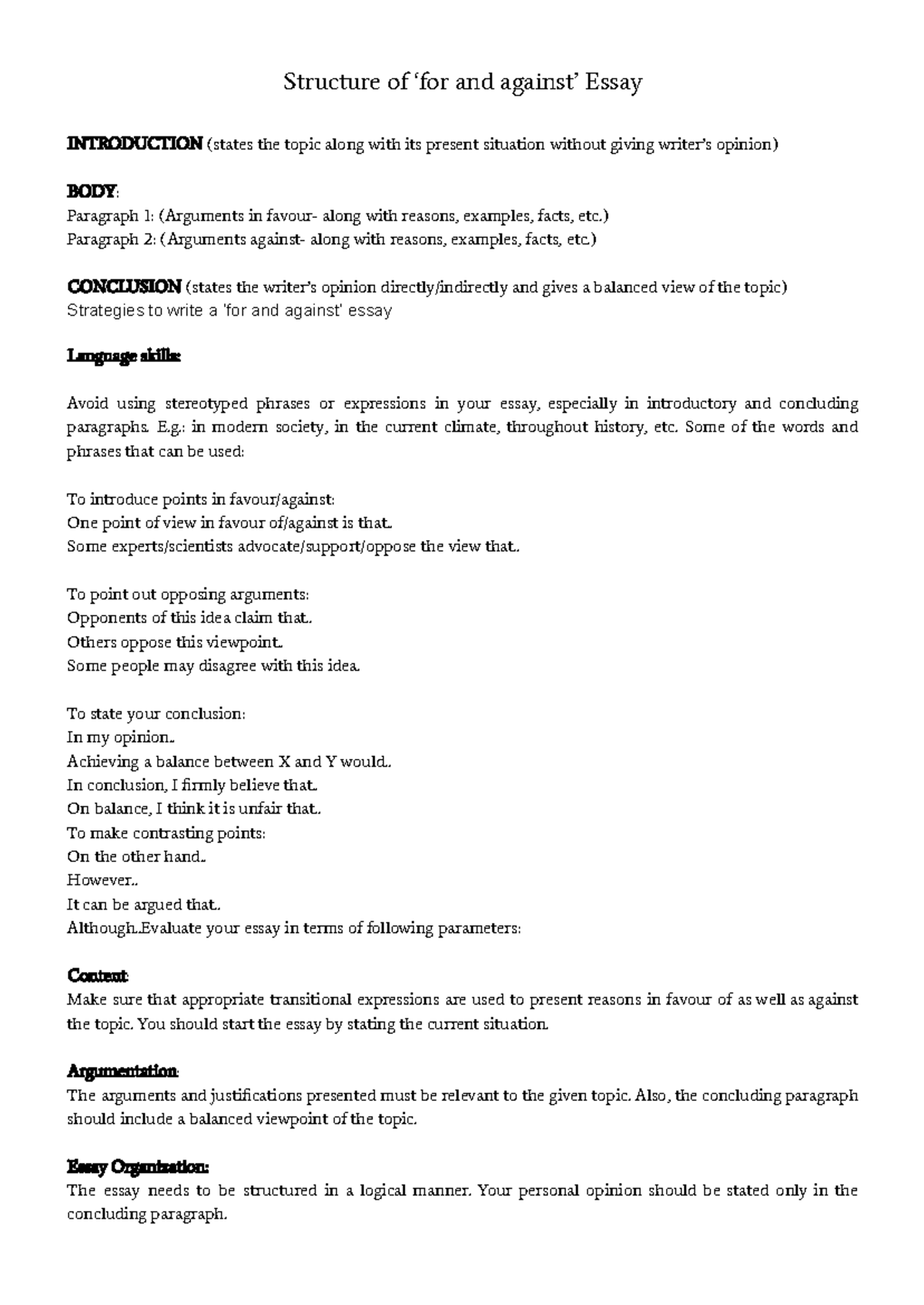 Structure of 'For and Against' Essay: Guidelines and Tips - Studocu