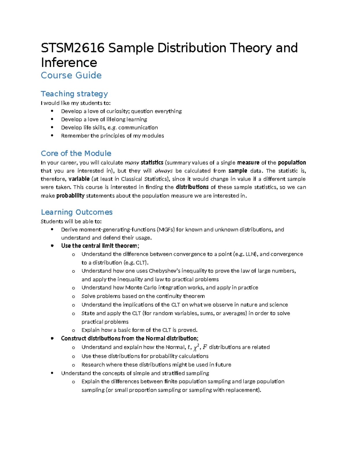STSM2616 Portfolio on Sample Distribution Theory & Inference 2024 - Studocu