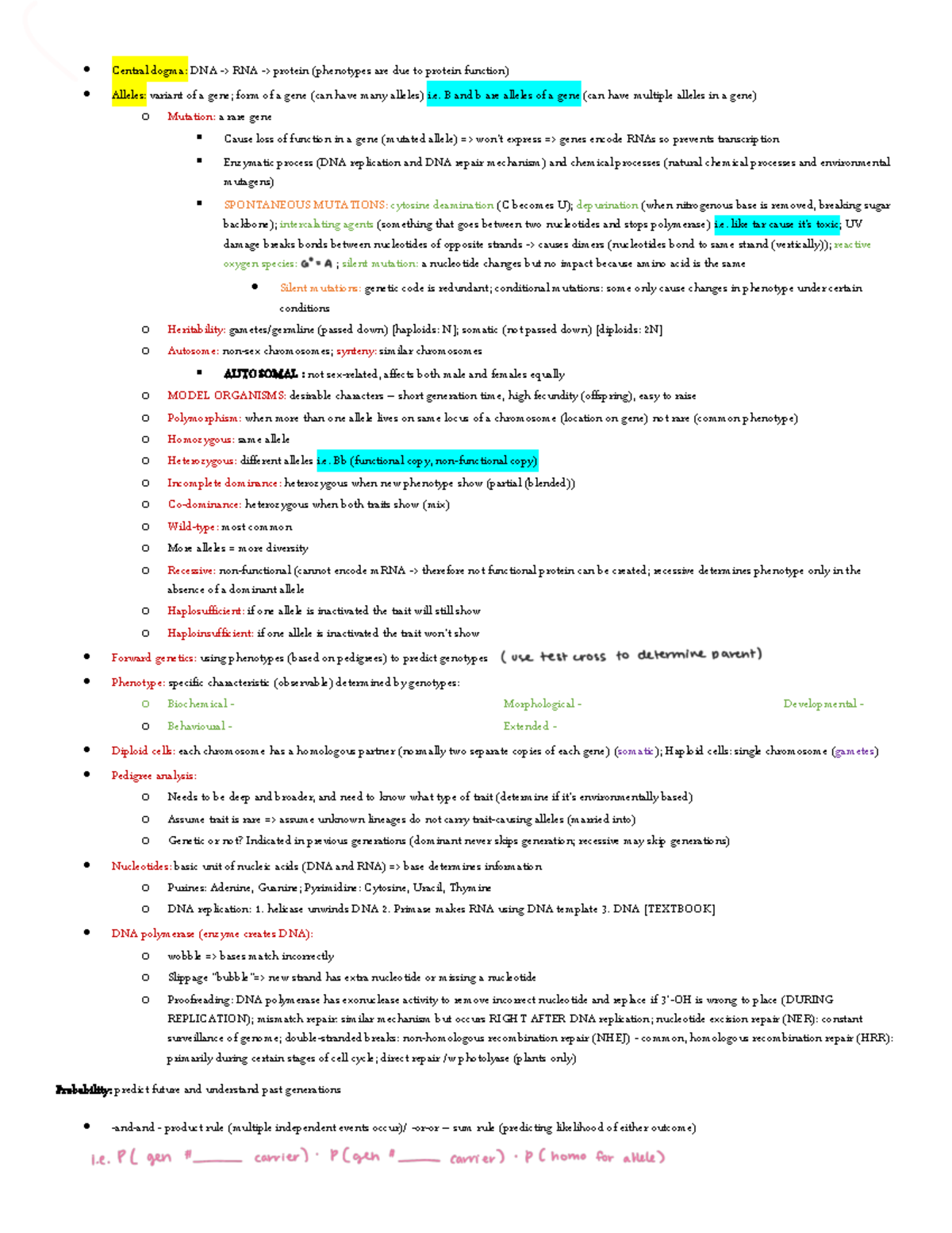 Genetics Cheat Sheet 1: Key Concepts on DNA, Inheritance & Mutations ...