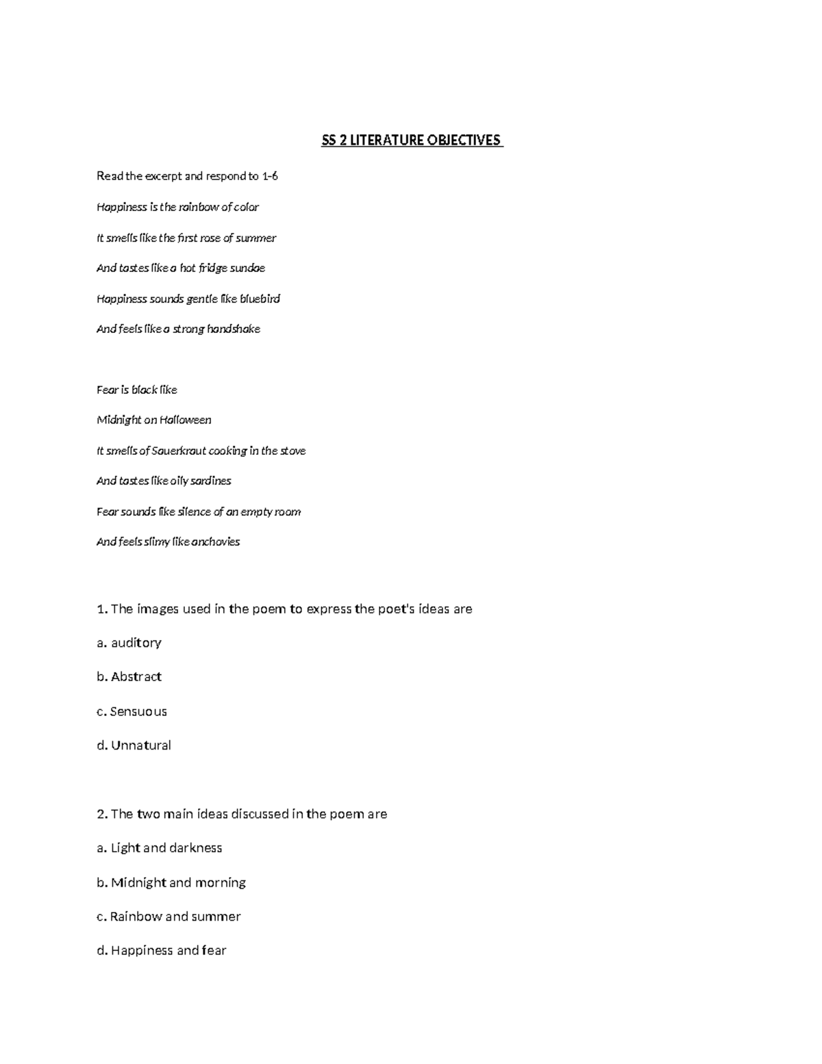 SS 2 LITERATURE OBJECTIVES: Analyzing Emotions in Poetry - Studocu