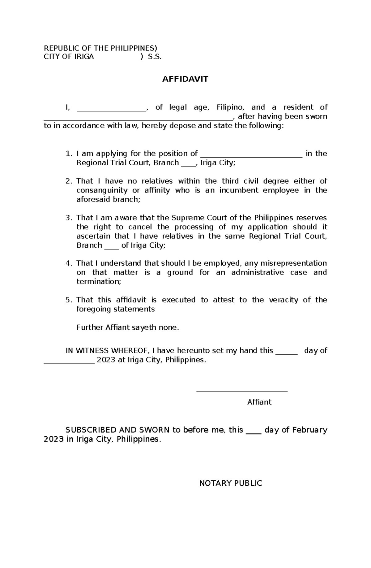 Affidavit of No Relatives for Employment (RTC Branch Iriga) - Studocu