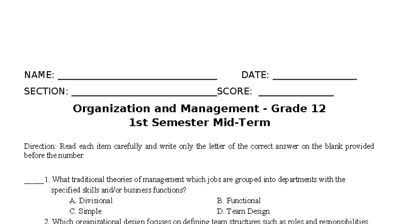 Organization and Management Grade 12 2nd Quarter Assessment - Studocu