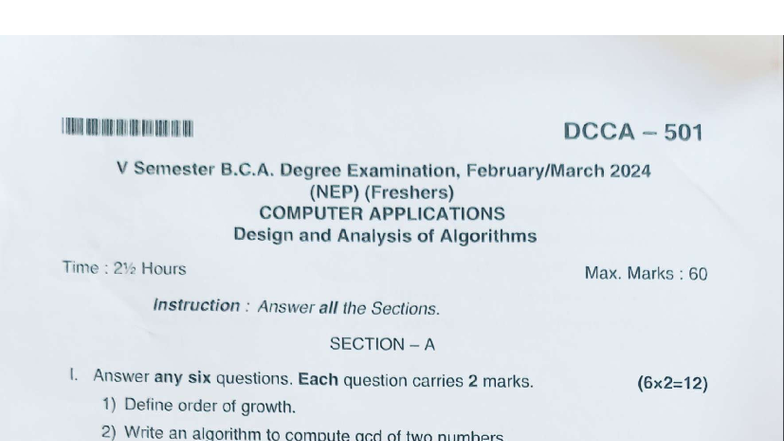DCCA 501 V Semester B.C.A. 2024 Exam: Design & Analysis of Algorithms ...