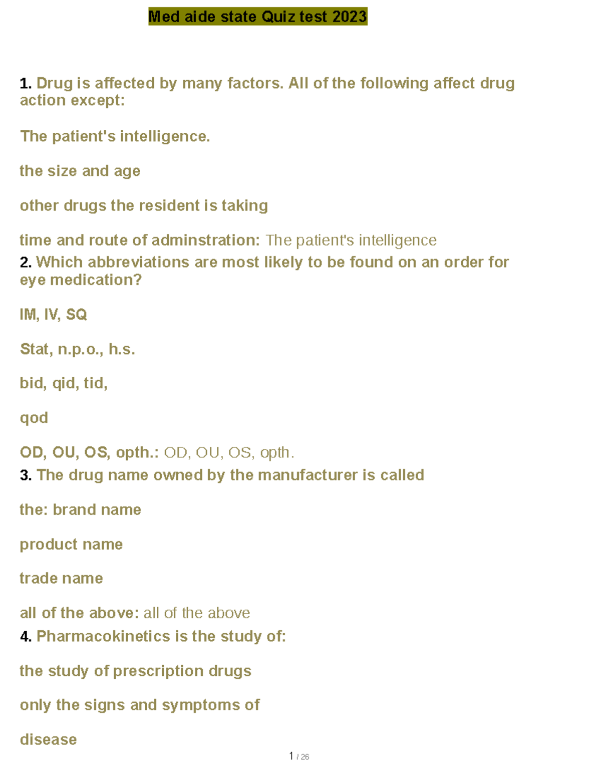 Med Aide State Quiz Test Questions & Answers for 2023 - Studocu