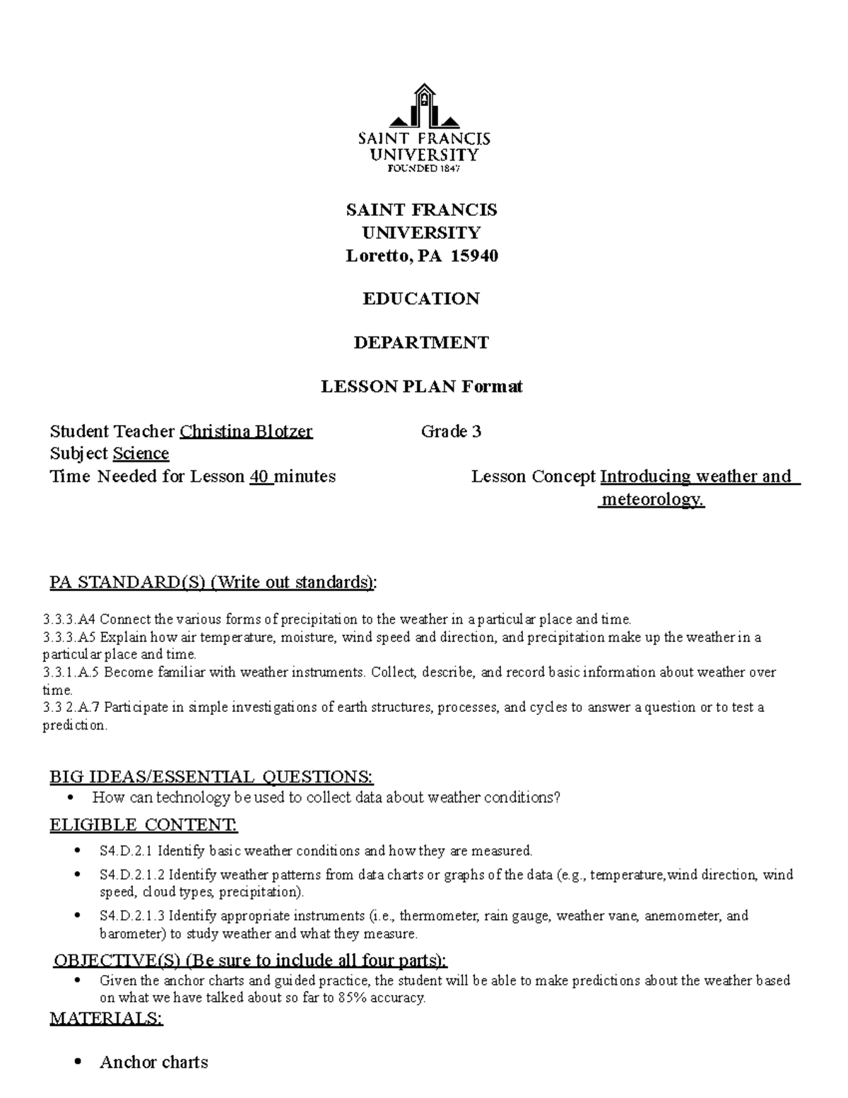 Grade 3 Science Lesson Plan: Understanding Weather & Meteorology - Studocu