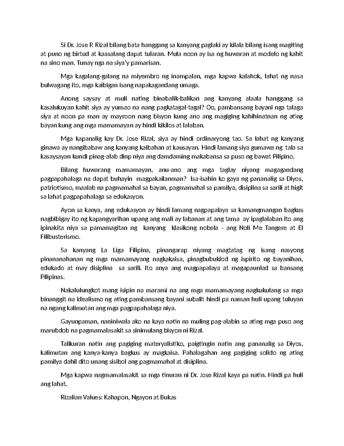 Oration on Rizalian Values - Practice Materials for Oration-Ram - Studocu