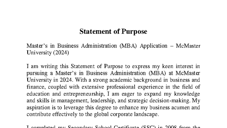 Statement of Purpose: MBA Application at McMaster University (2024 ...