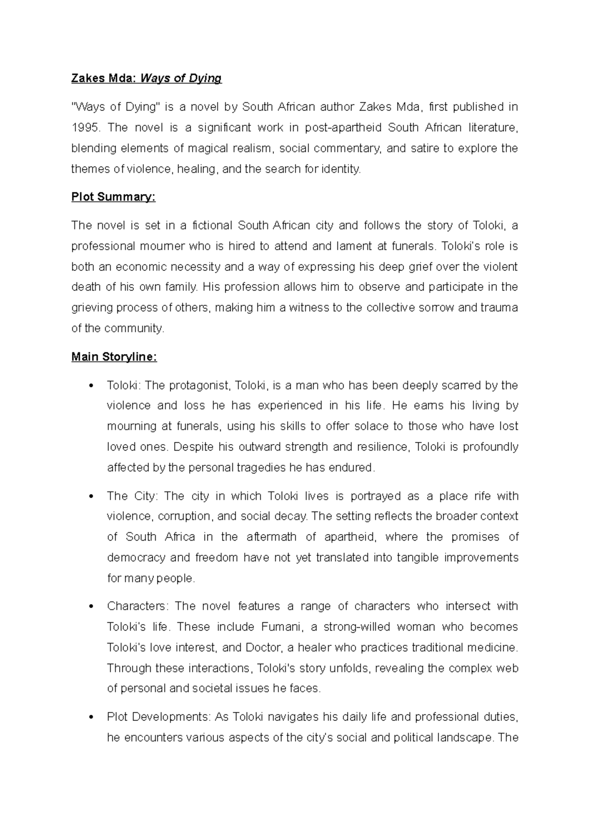 Ways of Dying (ENG 101): Analyzing Zakes Mda's Novel Themes and Context ...