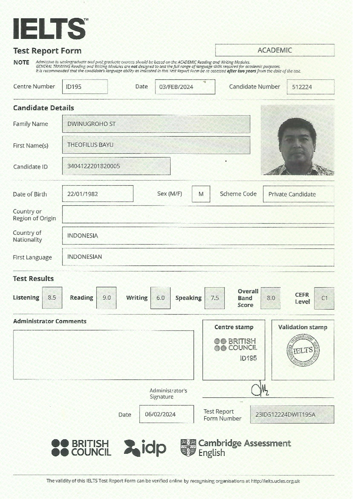 TM Test Report Form: IELTS Results for DWINUGROHO, THEOFILUS BAYU - Studocu