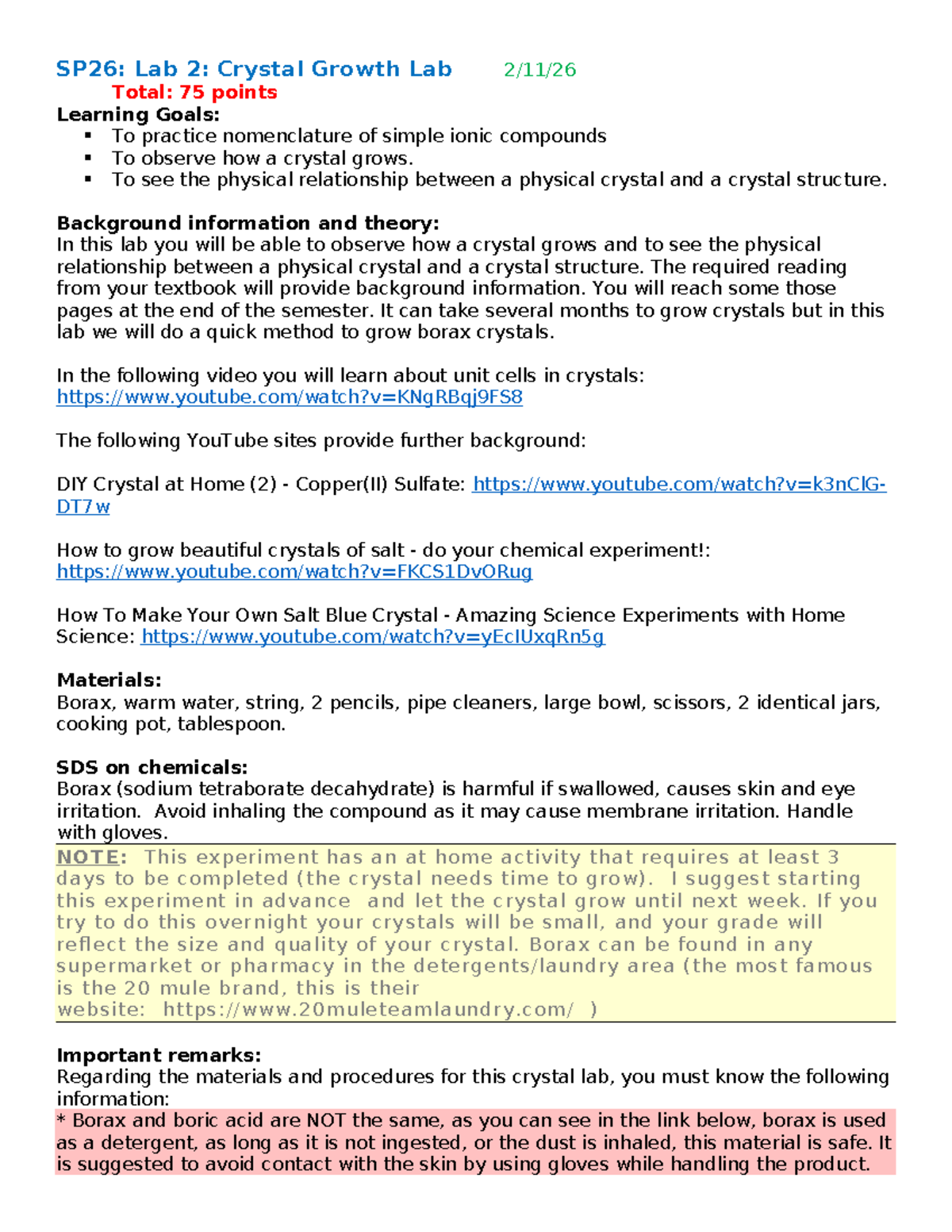 SP26: Lab 2 - Crystal Growth Experiment Guide and Observations - Studocu
