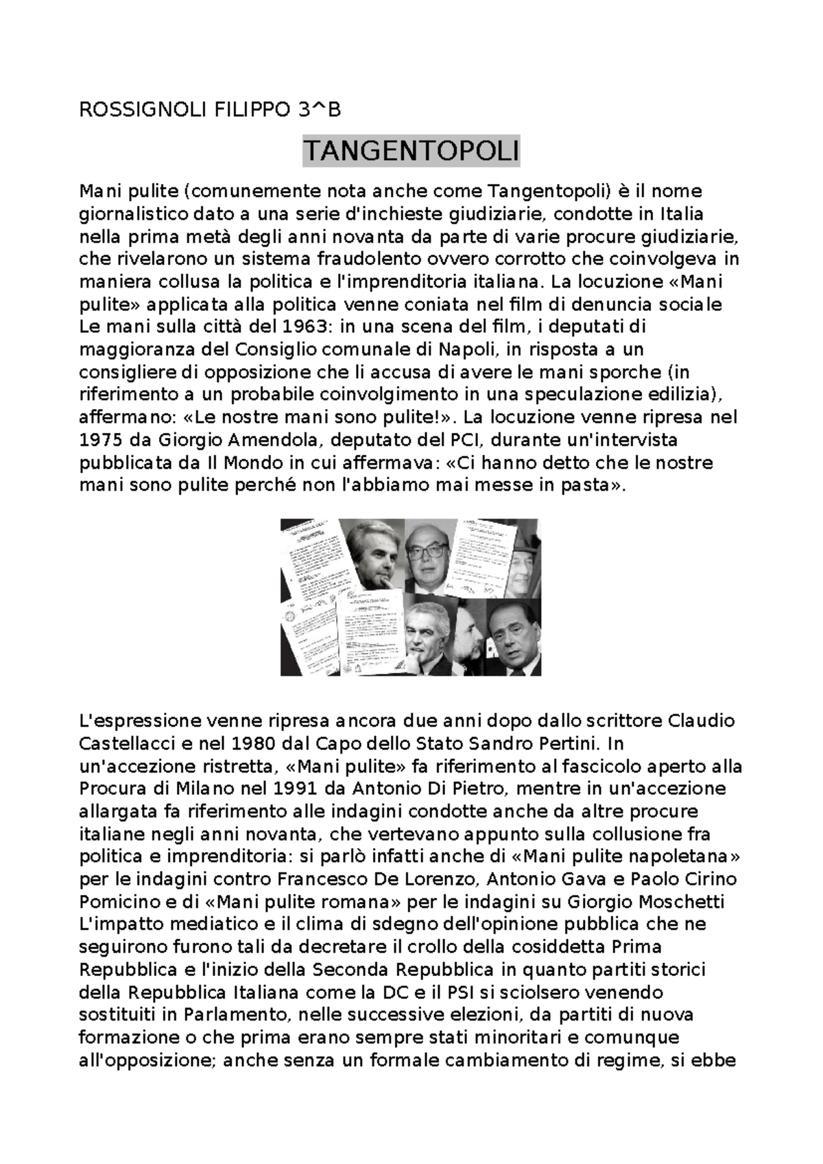 Riassunto su Tangentopoli e Mani Pulite - ROSSIGNOLI FILIPPO - Studocu