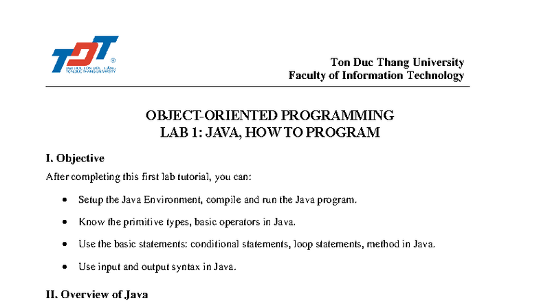 Object Oriented Programming (503005) Lab 1: Java Programming Basics - Studocu
