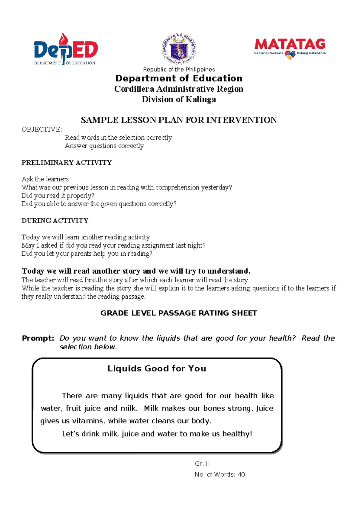 SAMPLE LESSON PLAN FOR REMEDIAL READING INTERVENTION (Gr. IV) - Studocu