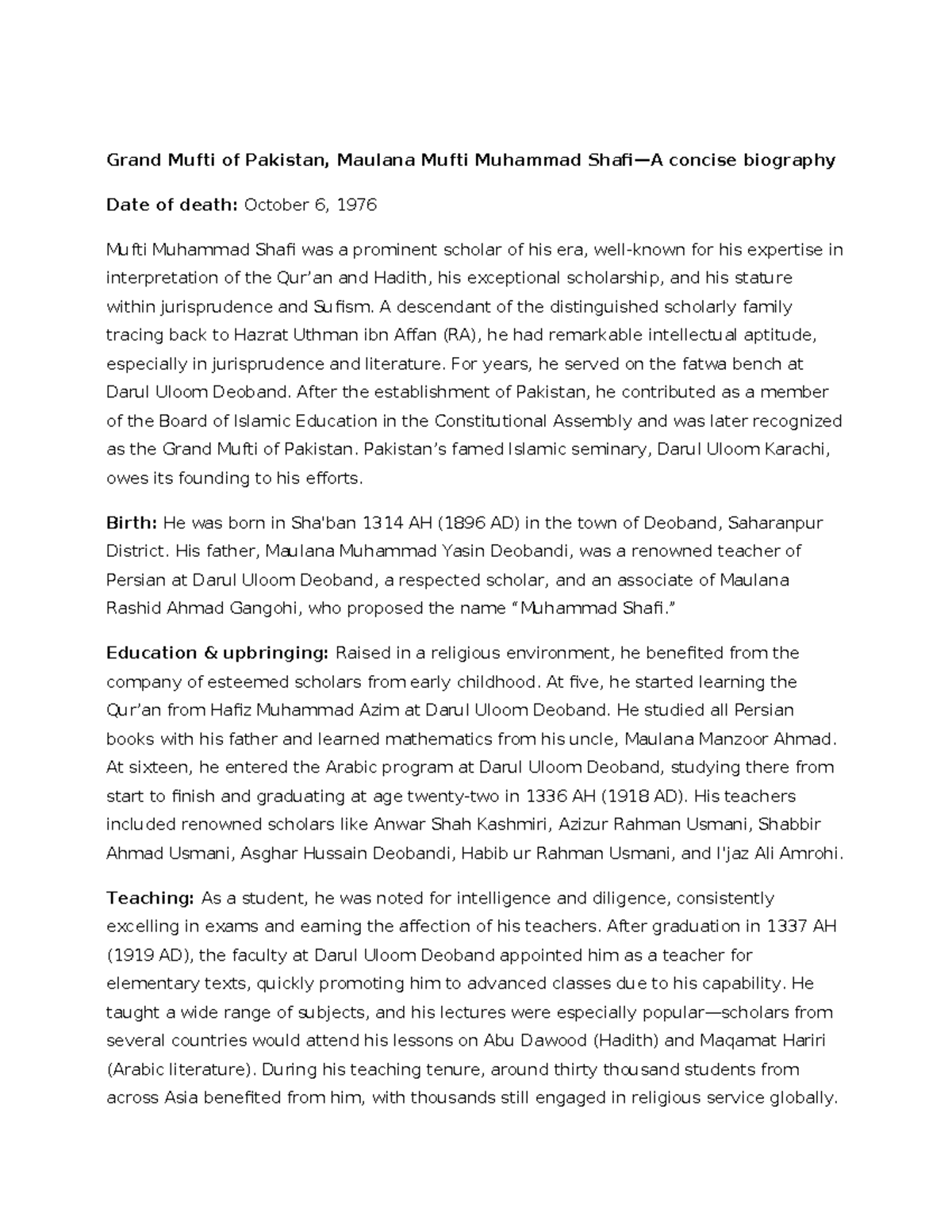 Maulana Mufti Muhammad Shafi: A Concise Biography of the Grand Mufti ...