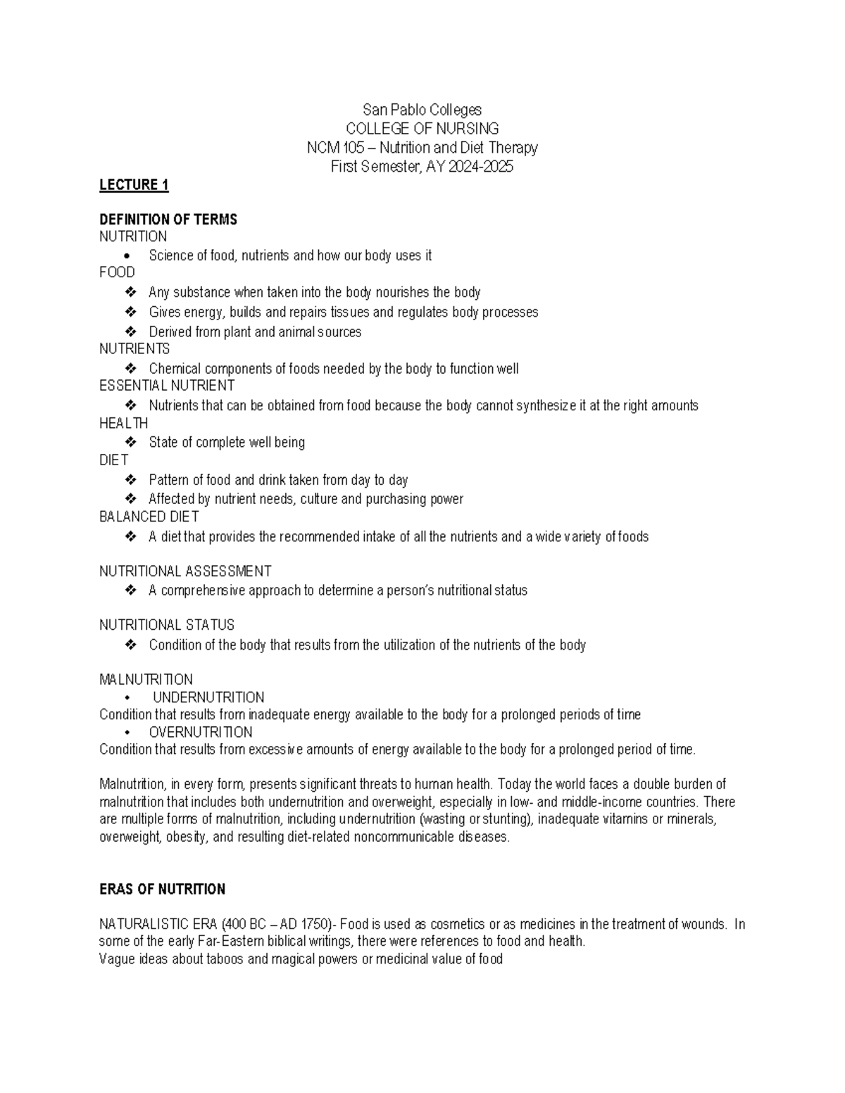 NCM 105 - Nutrition and Diet Therapy Prelims Reviewer Notes - Studocu