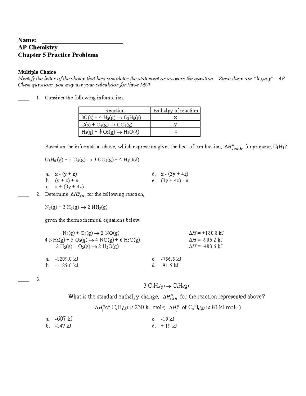 Heat ap chem - MCQ and FRQ Practice for Heat Unit - Name ...