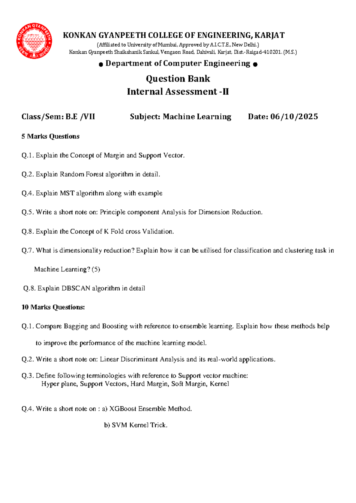 B.E. Machine Learning Internal Assessment Question Bank - Studocu
