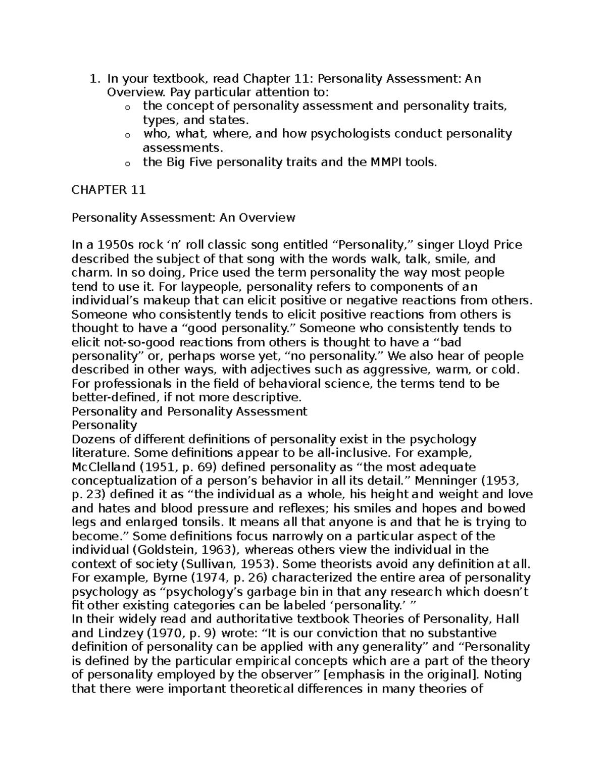 Unit 7: Chapter 11 - Overview of Personality Assessment and Traits - Studocu