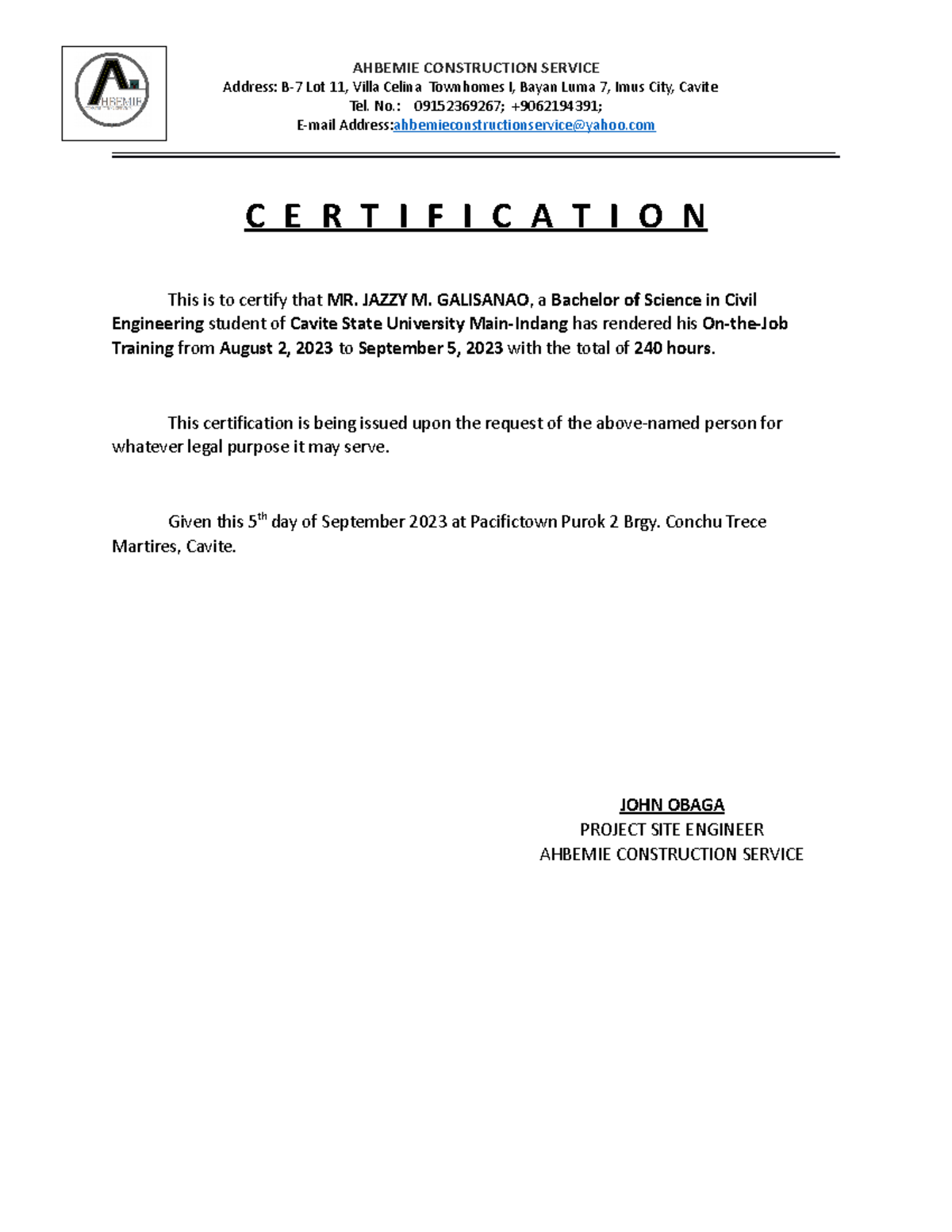 Certificate of Completion for On-the-Job Training - BSCE - Studocu