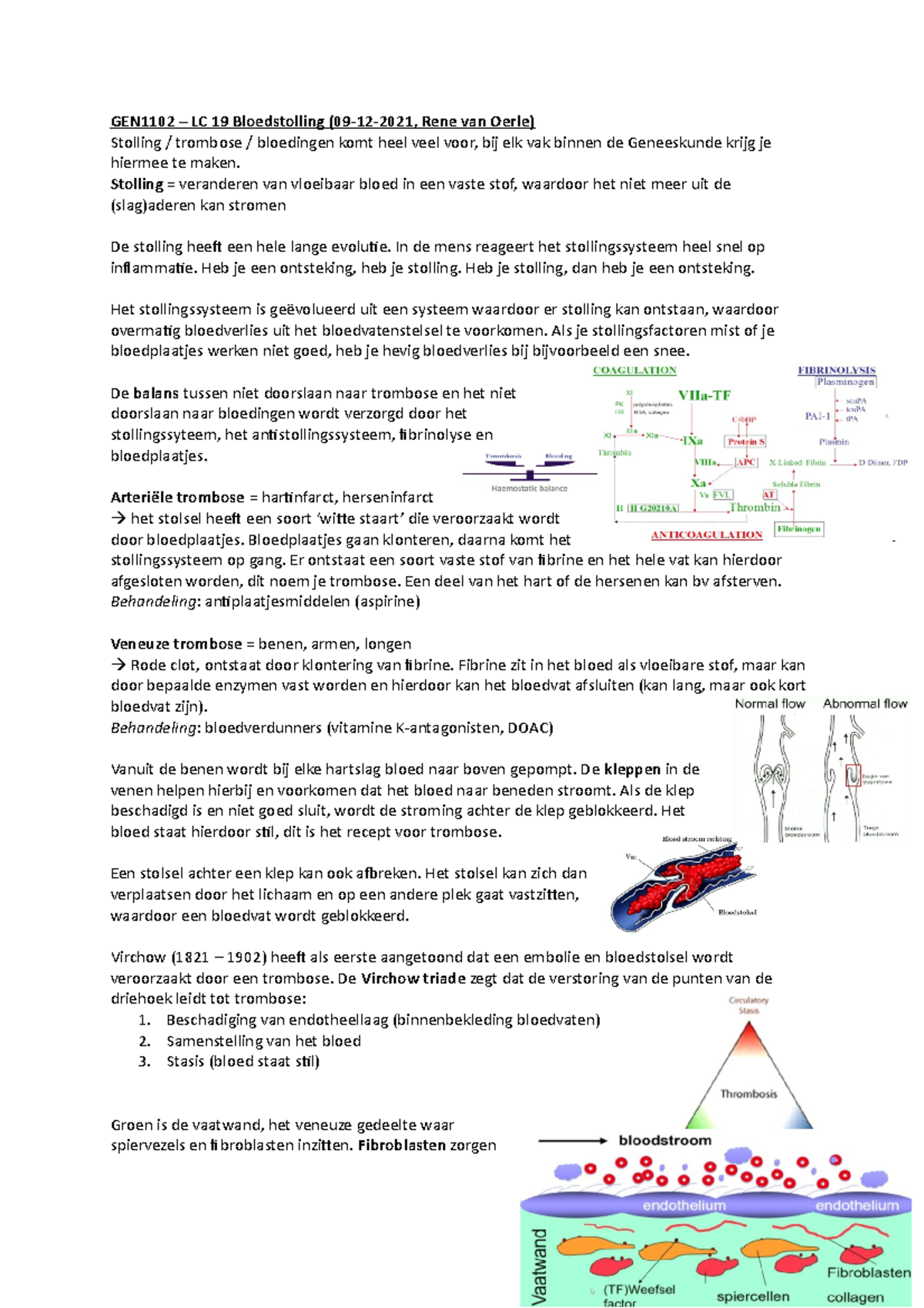 Bloedstolling en Trombusvorming - GEN1102 LC 19 Samenvatting - Studeersnel