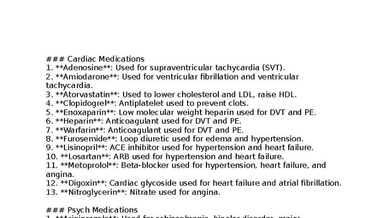 Cardiac Medications Overview for NCLEX Preparation - Studocu